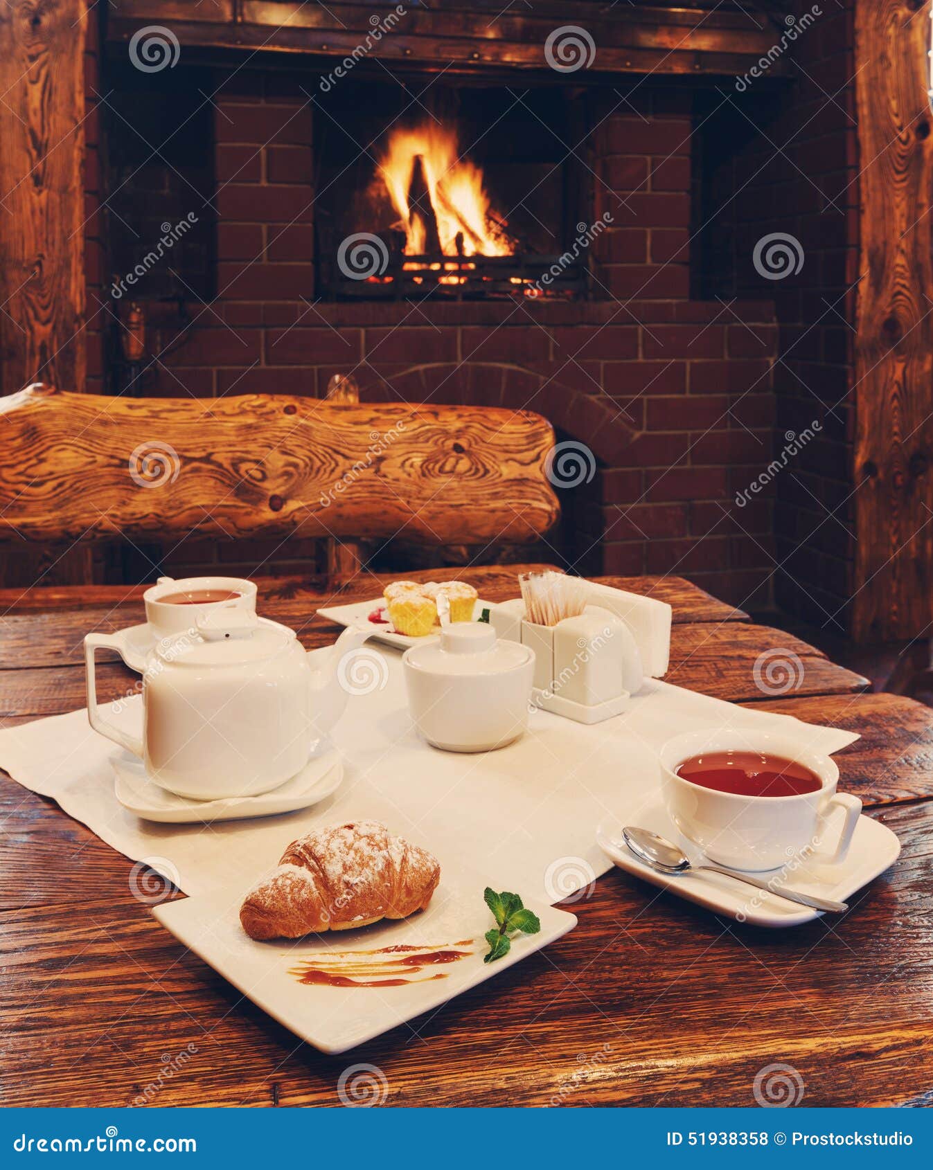 Romantic Breakfast for Two Near Fireplace Stock Photo - Image of ...