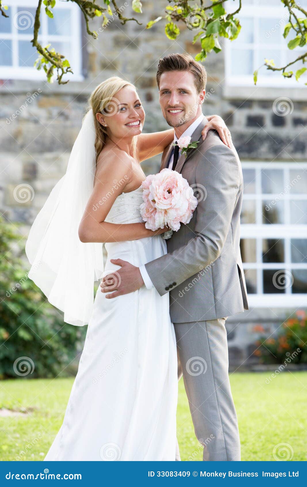 Romantic Bride and Groom Embracing Outdoors Stock Image - Image of love ...