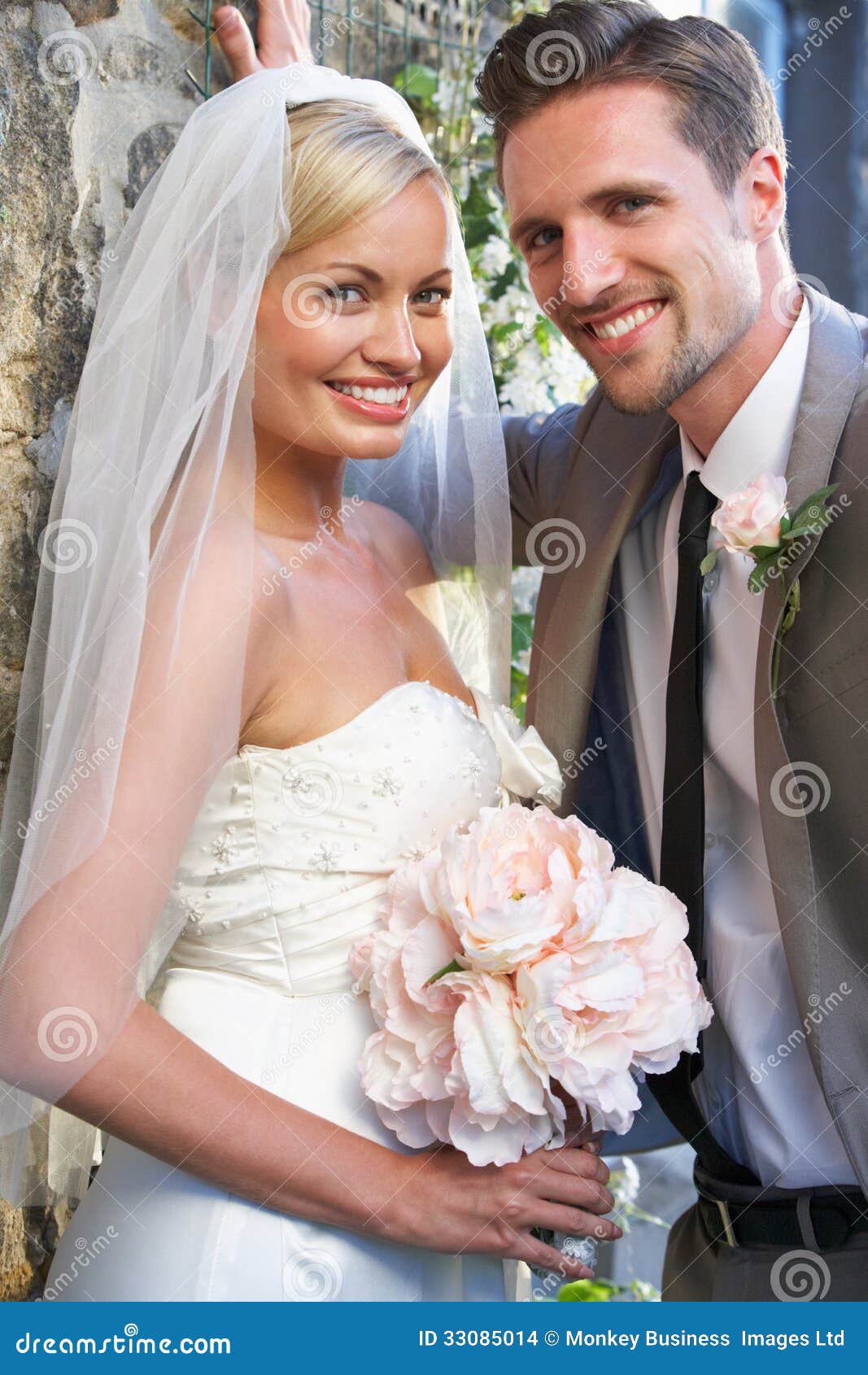 Romantic Bride and Groom Embracing Outdoors Stock Photo - Image of love ...