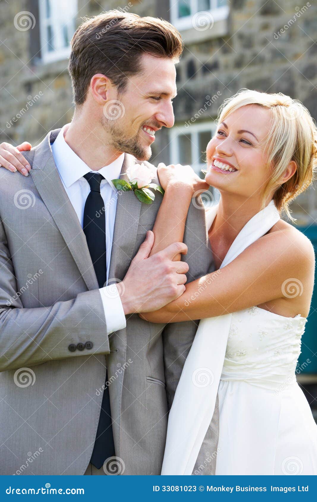 Romantic Bride and Groom Embracing Outdoors Stock Image - Image of ...