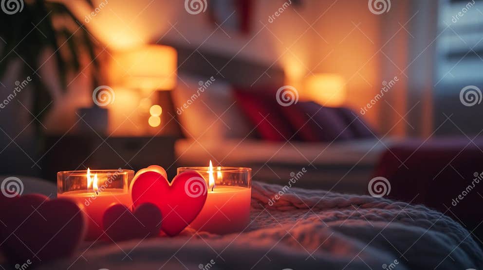 Romantic Candles and Hearts on a Bedside Table Stock Illustration ...