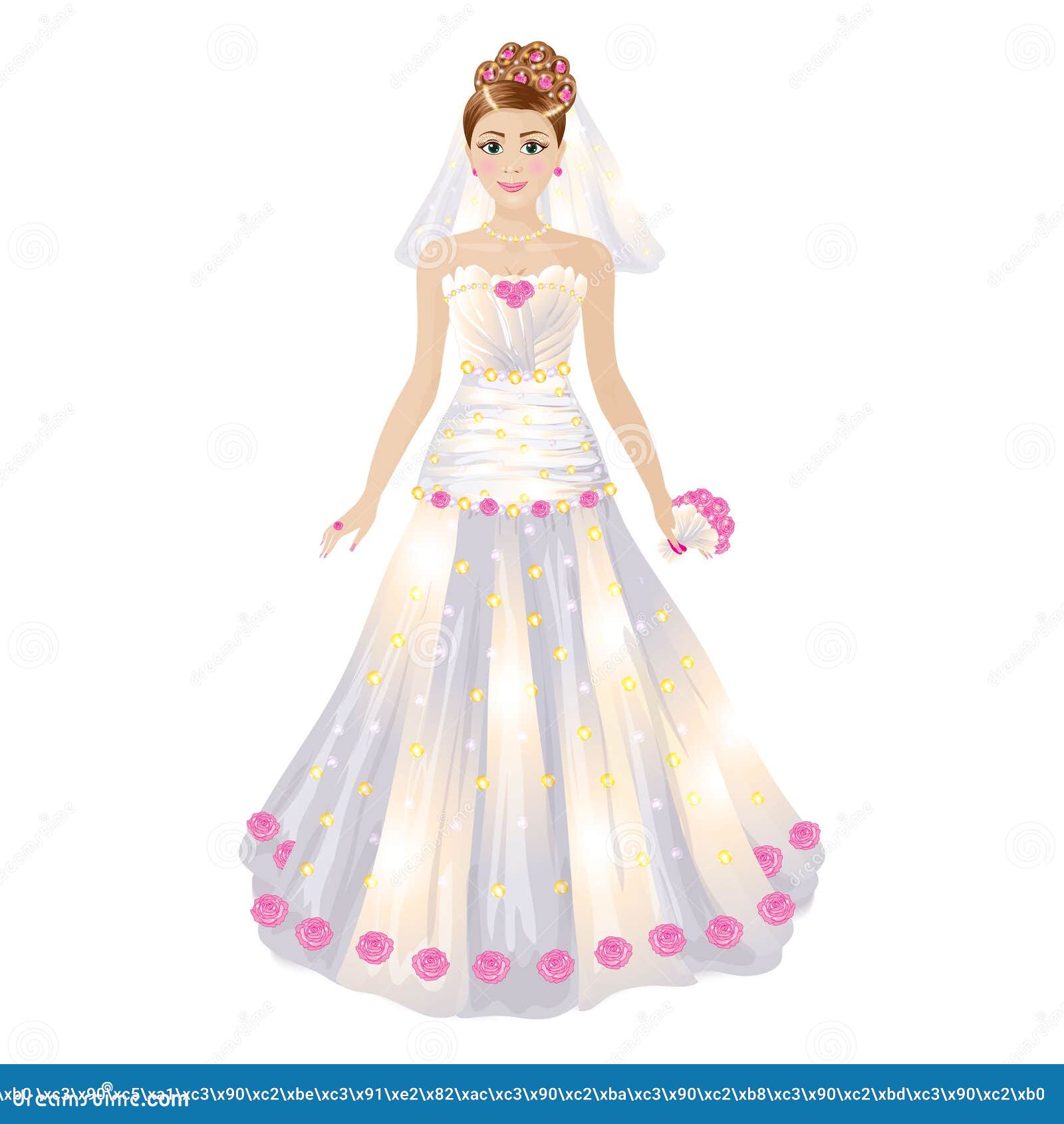 Romantic Cartoon Bride Holding Bouquet of Roses. Stock Vector ...