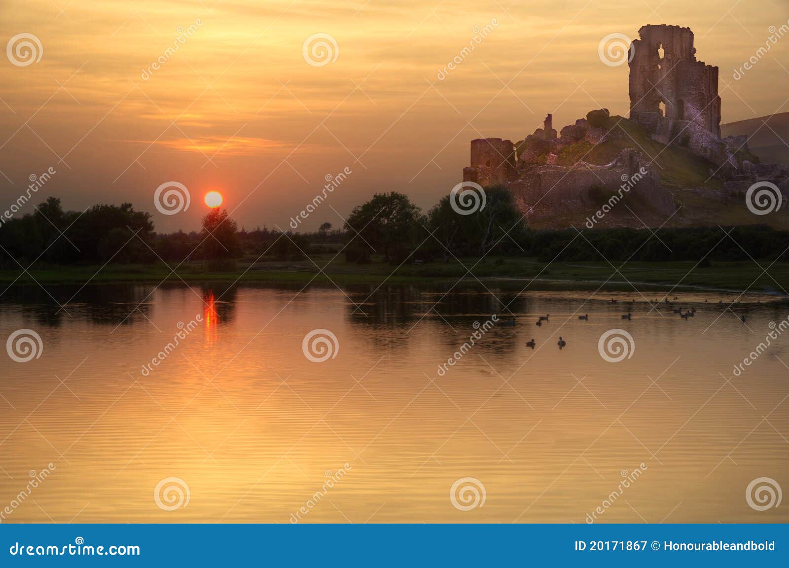 Romantic Castle Ruins, Sunset and Lake Stock Image - Image of trees ...