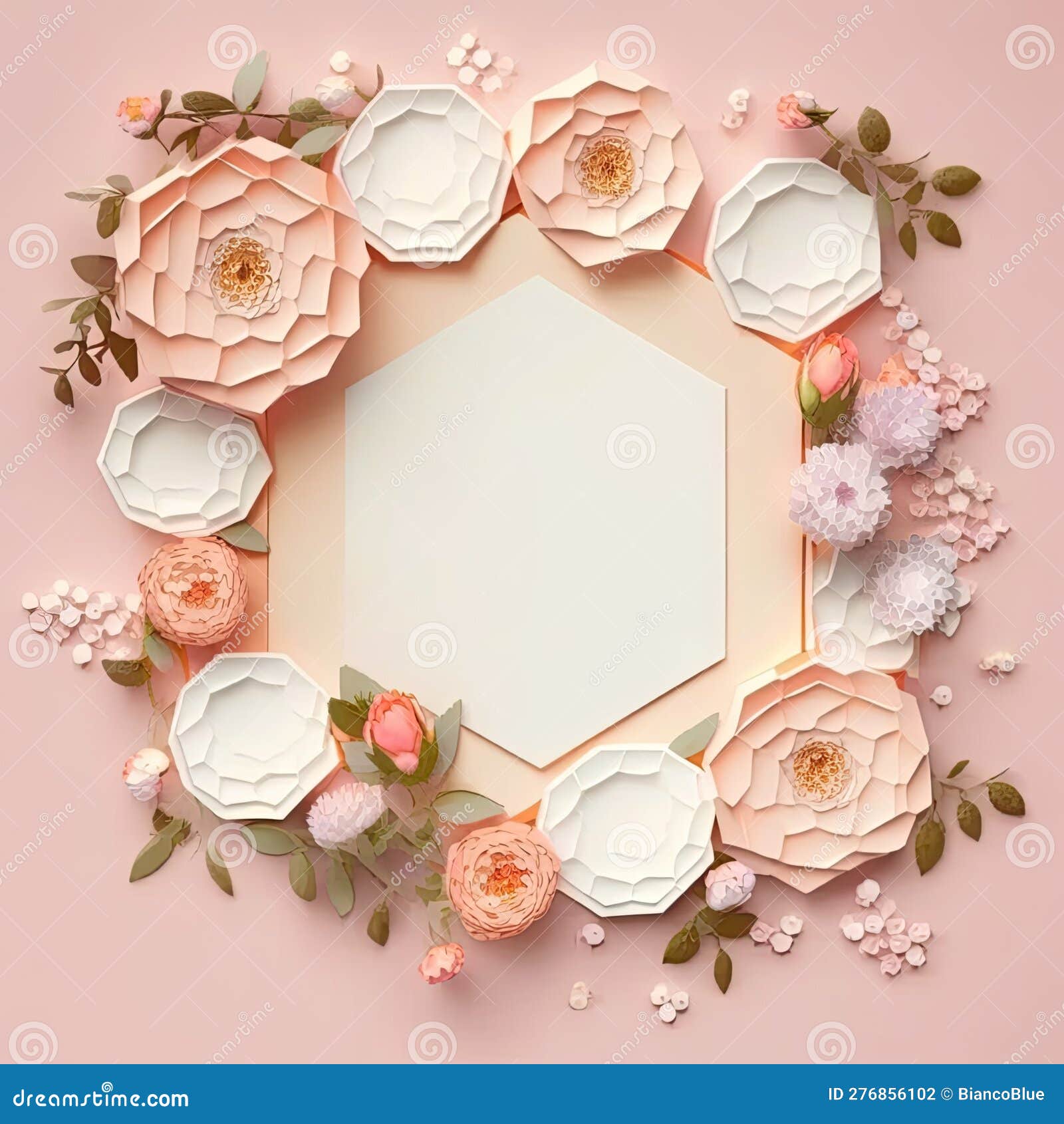 Romantic Color in Pastel Roses of Hexagon Shape Frame with Leaves ...