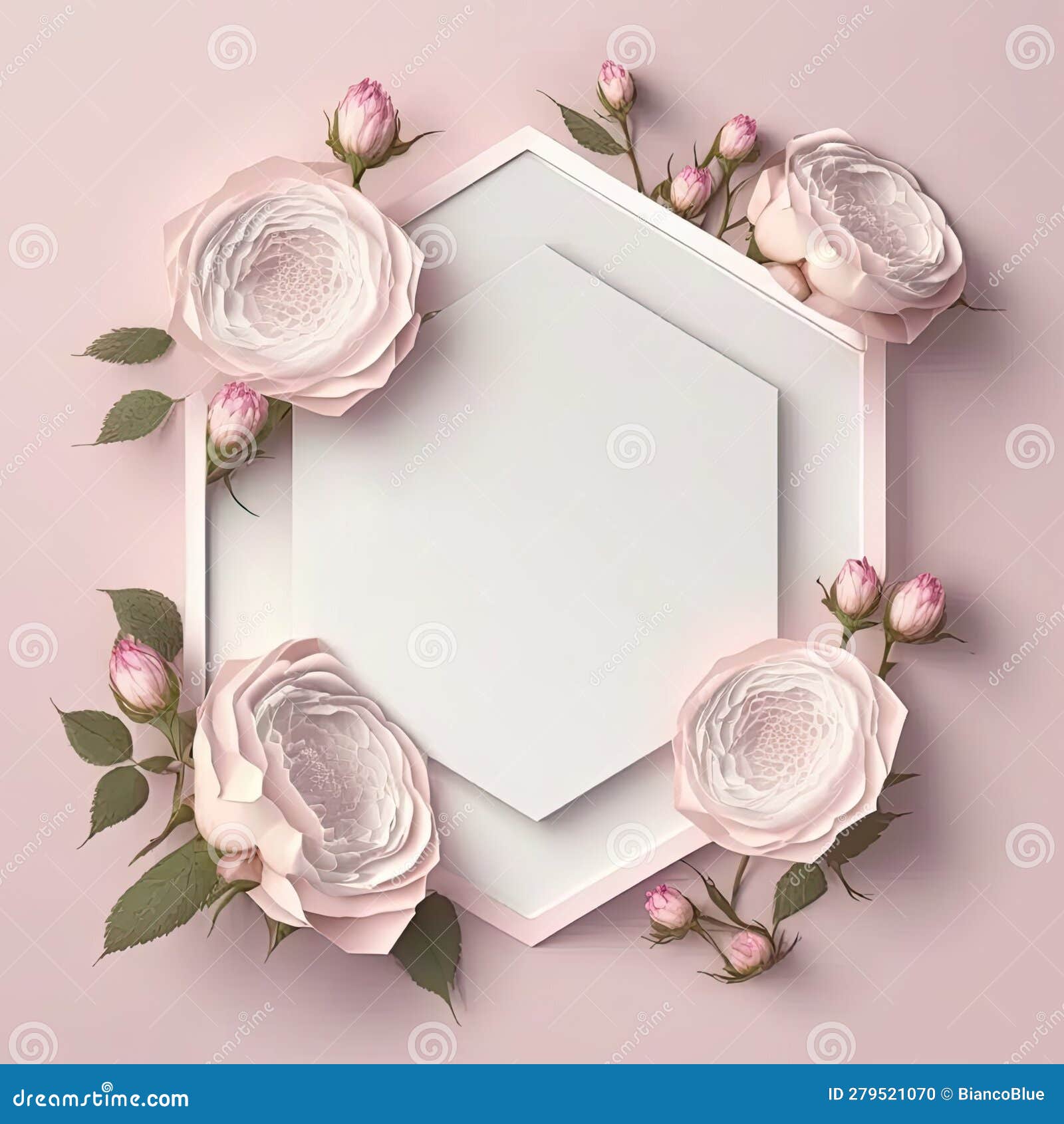Romantic Color in Pastel Roses of Hexagon Shape Frame with Leaves ...
