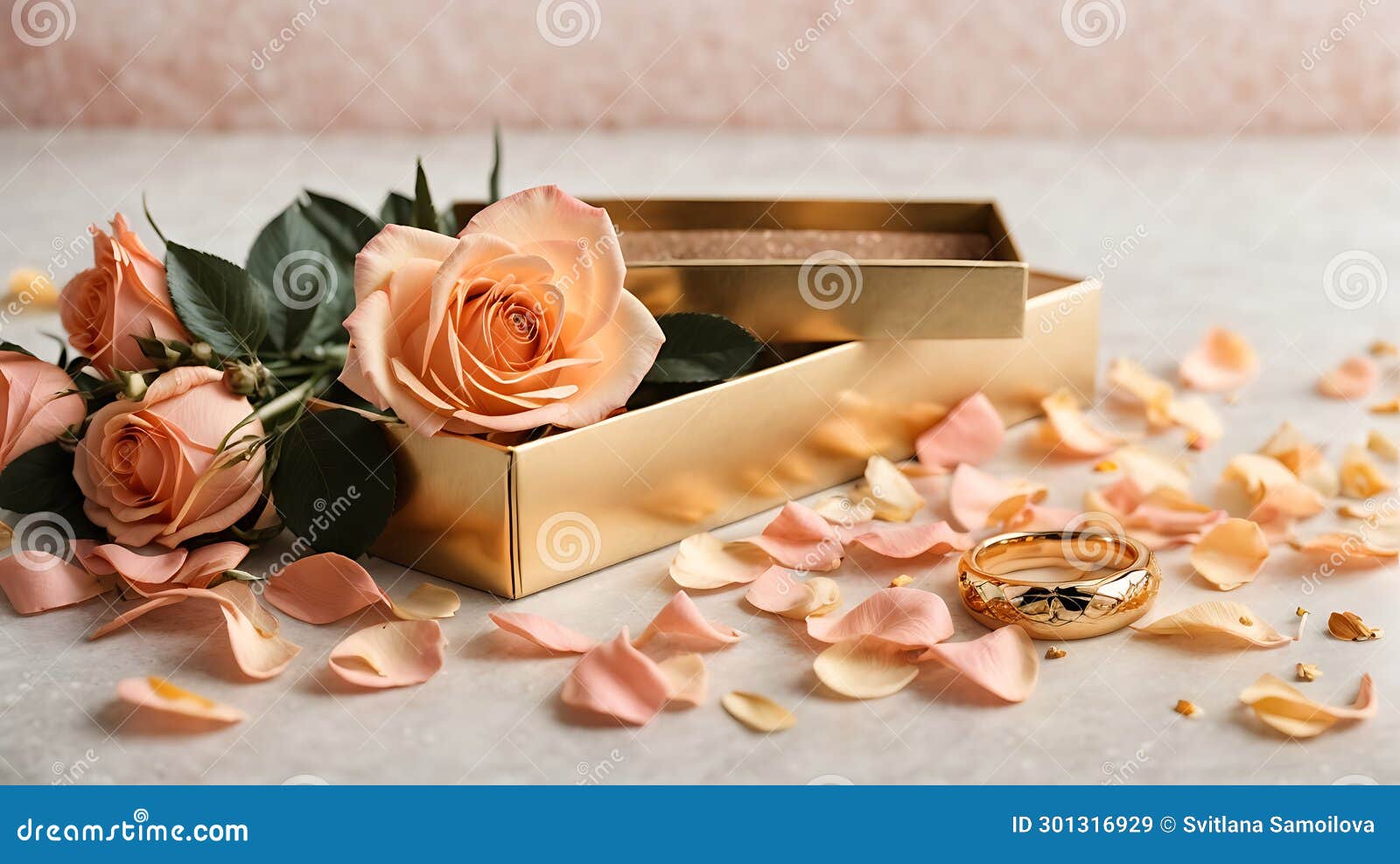 Romantic Composition. Gold Wedding Ring with Peach Roses. Marriage ...