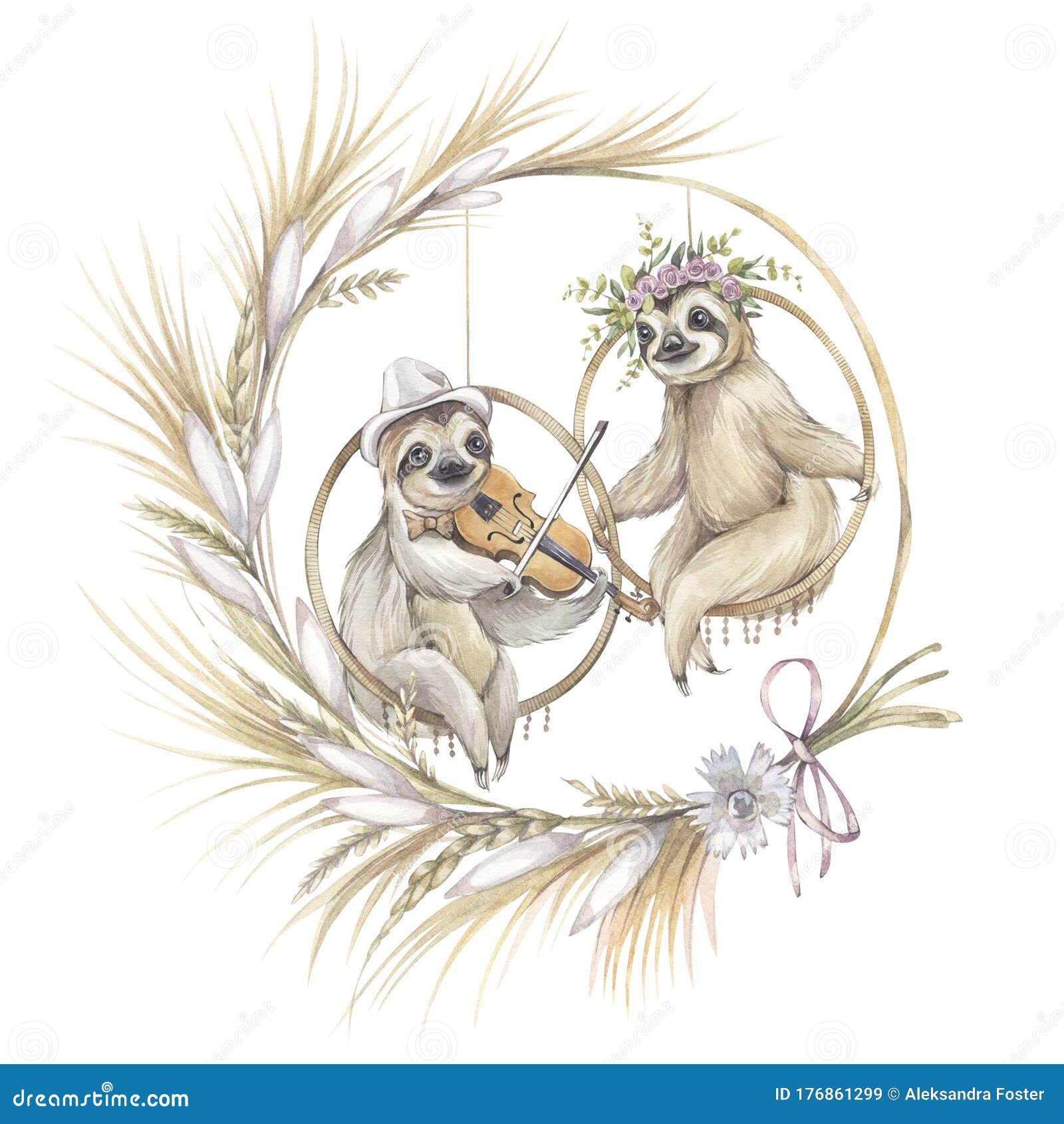 Romantic Composition of a Sloth Wedding in Boho Style Inside a Wreath ...
