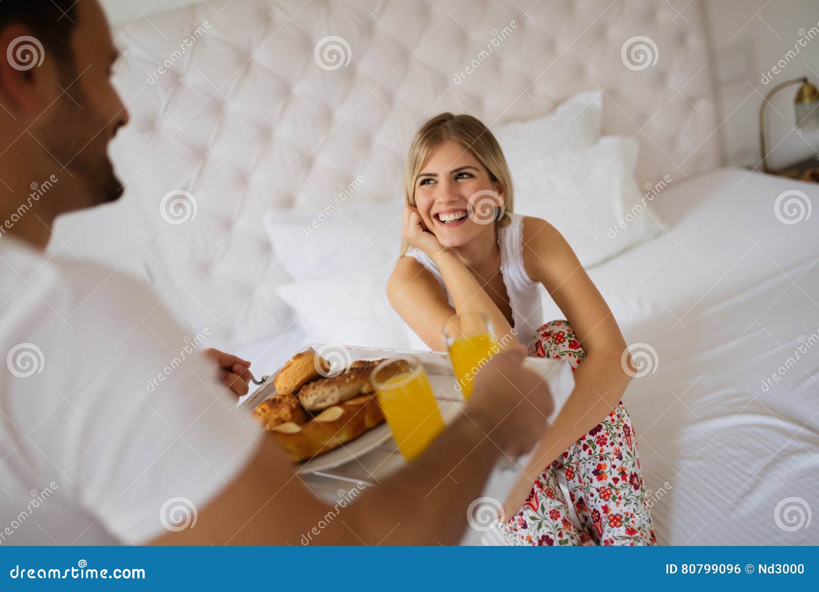 Romantic Couple Breakfast in Bed Stock Photo - Image of together ...