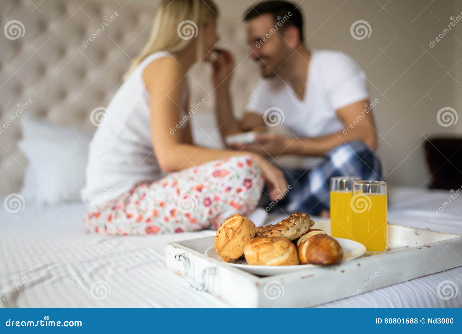 Romantic Couple Breakfast in Bed Stock Photo - Image of home, waking ...