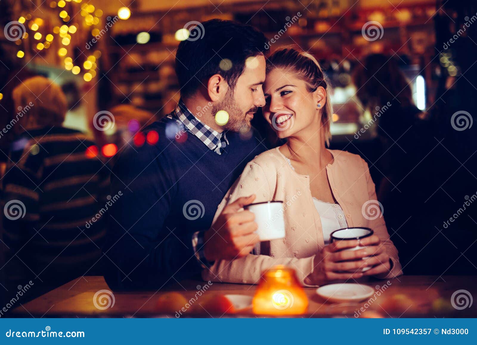 Romantic Couple Dating in Pub at Night Stock Image - Image of drink ...