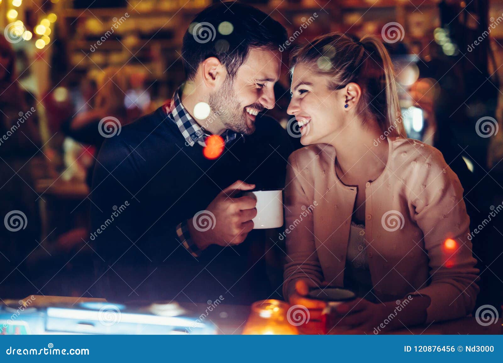Romantic Couple Dating in Pub at Night Stock Photo - Image of romance ...