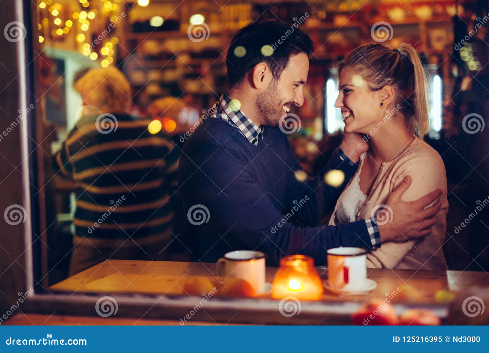 Romantic Couple Dating in Pub at Night Stock Image - Image of beautiful ...