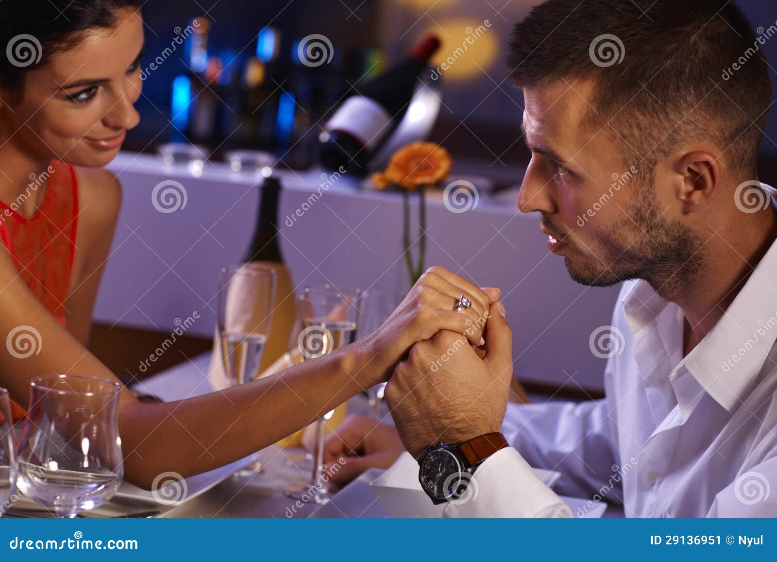 Romantic Couple at Dinner Table Stock Image - Image of flute, american ...