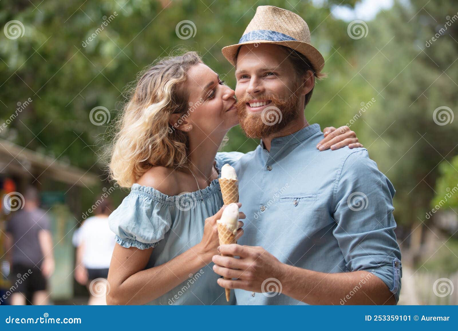 Romantic Couple Eating Ice Cream at Park Stock Image - Image of couple ...