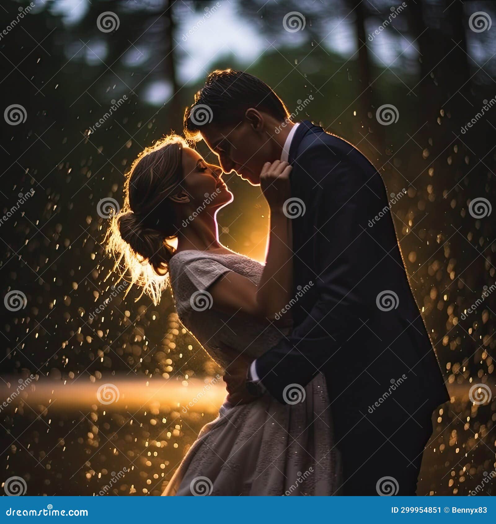 Romantic Couple Embracing in Twilight with Rain, Warm Backlight ...