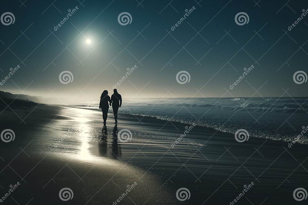 Romantic Couple Embracing Under The Moonlight On A Beach Stock