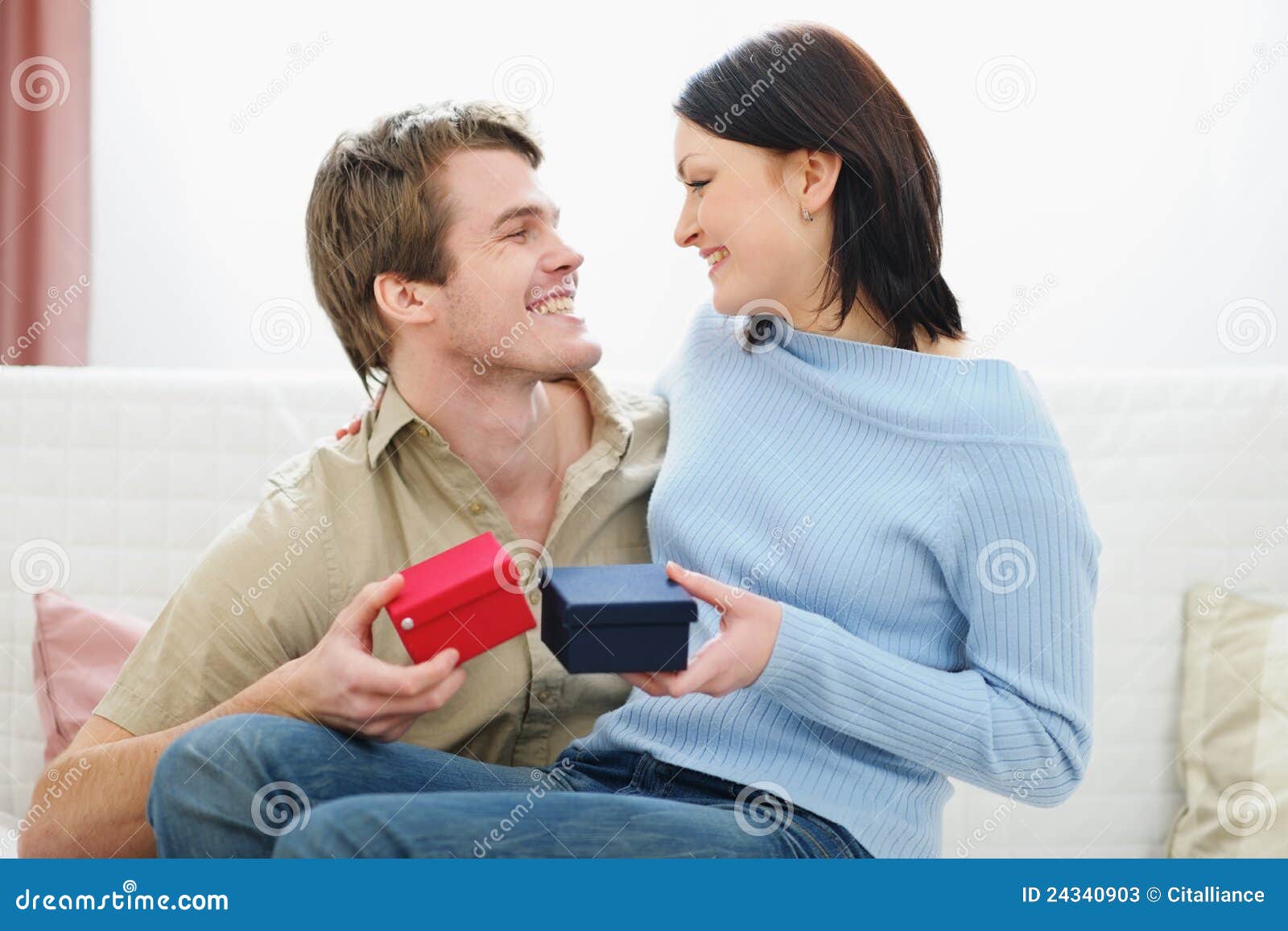 Romantic Couple Exchanging Presents Stock Image - Image of together ...