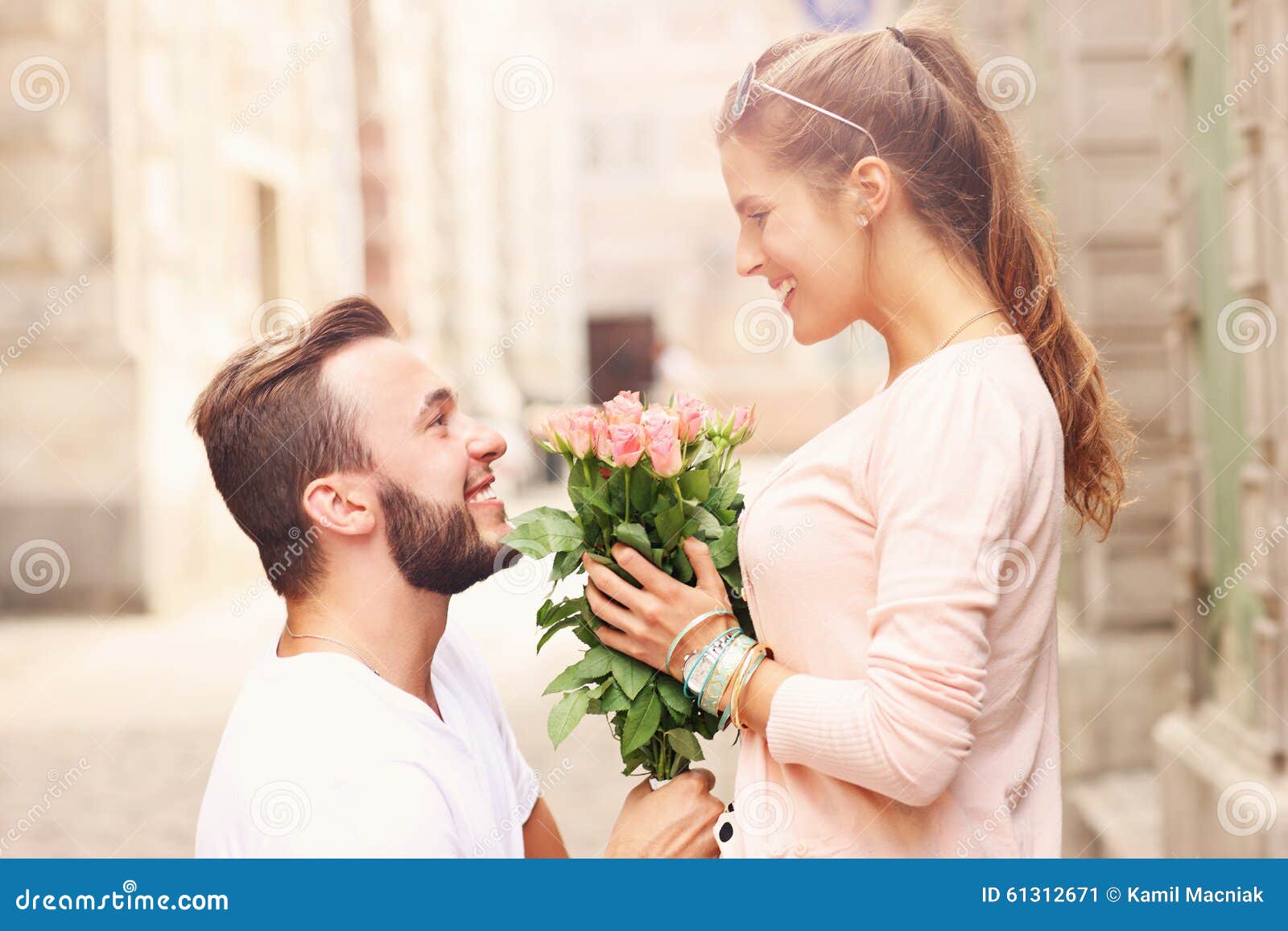 Romantic Couple Getting Engaged in the City Stock Image - Image of ...