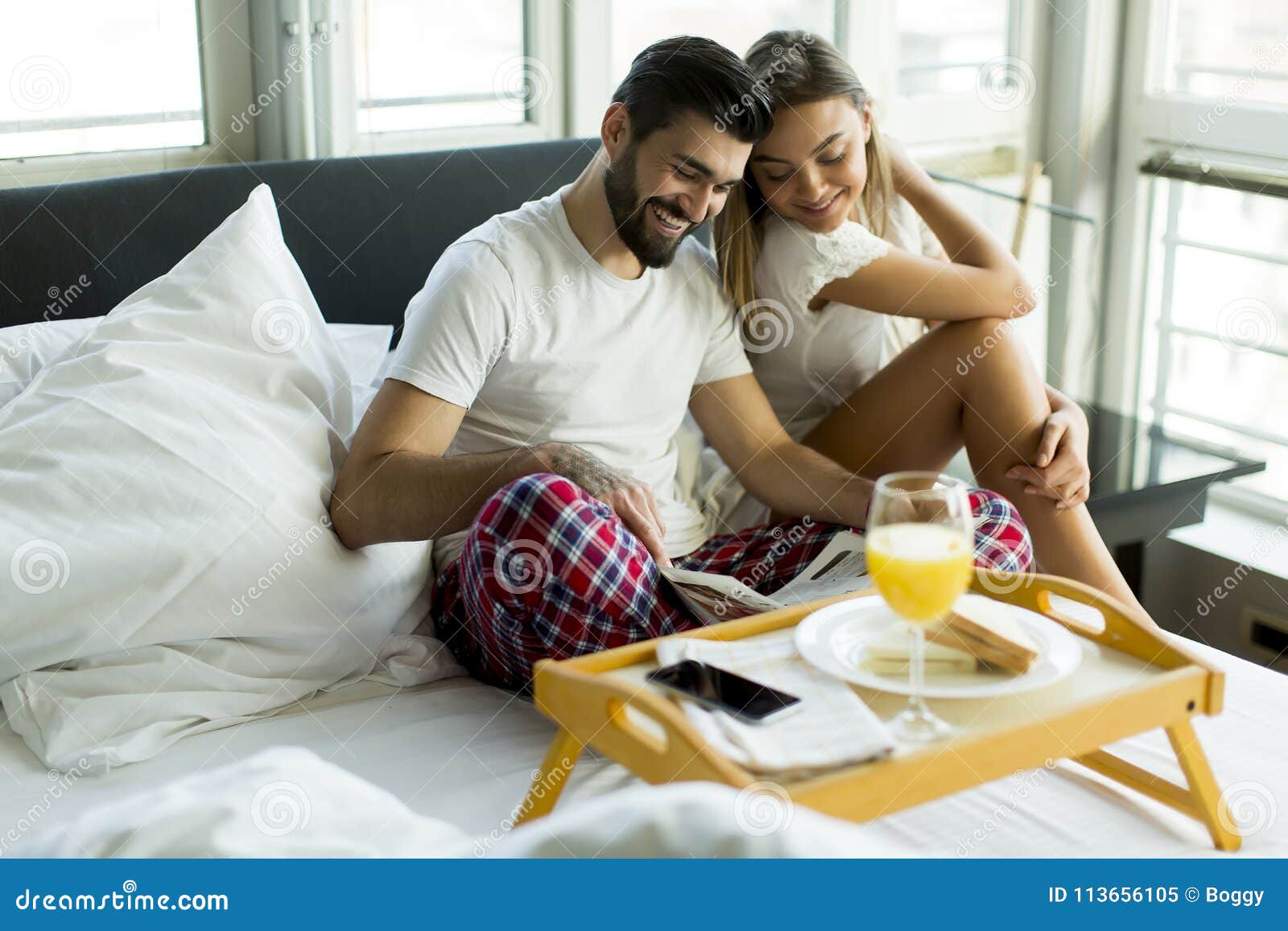 Romantic Couple Having Breakfast in Bed Stock Image - Image of ...