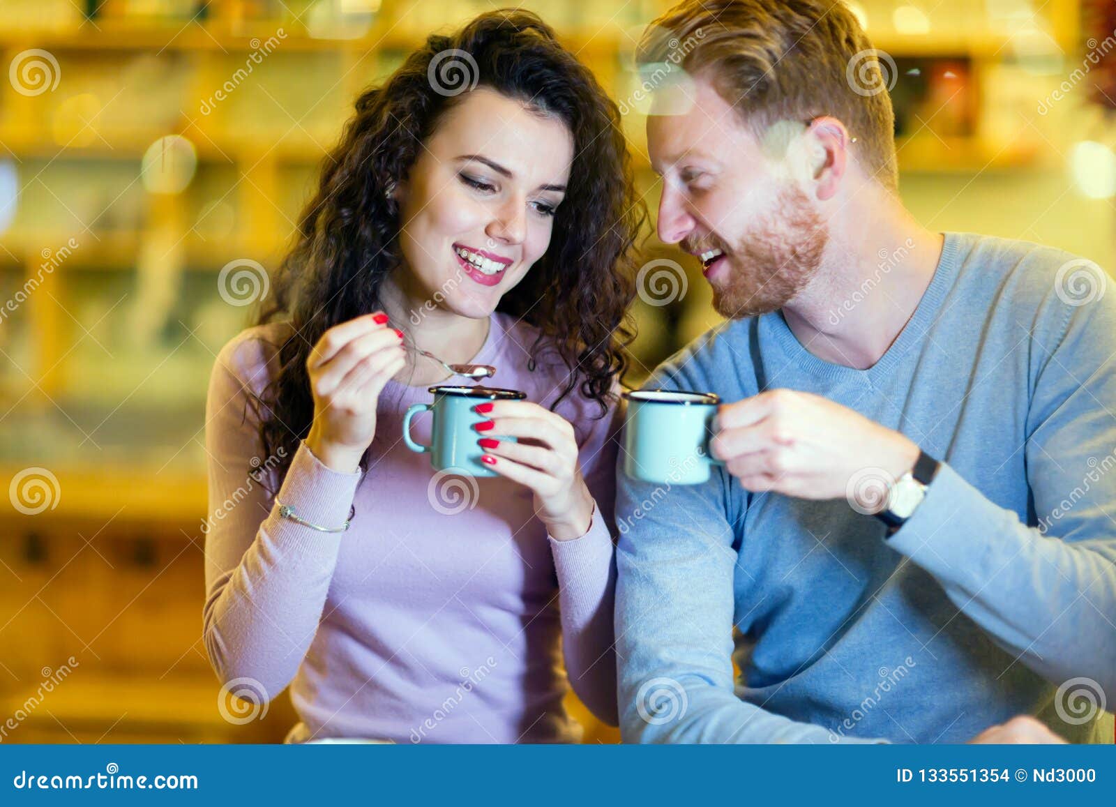 Romantic Couple Having Date in Coffee Shop Stock Photo - Image of cute ...