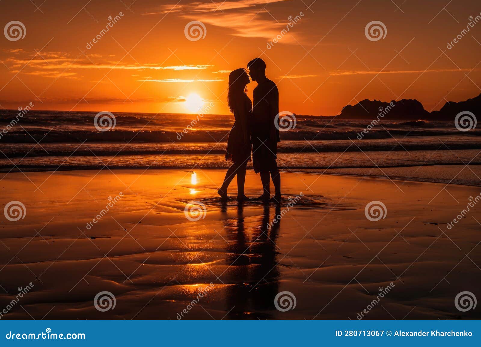 Romantic Couple Man And Woman Kissing At Vibrant Sunset Near The Ocean