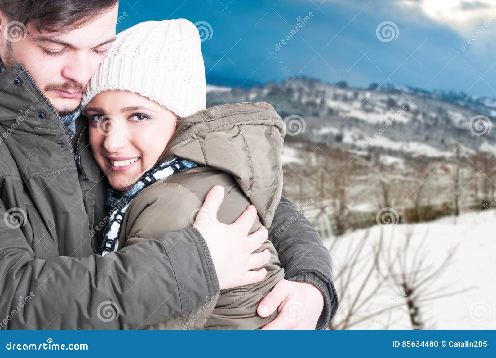 Romantic Couple Outside in Snowy Day Stock Photo - Image of christmas ...