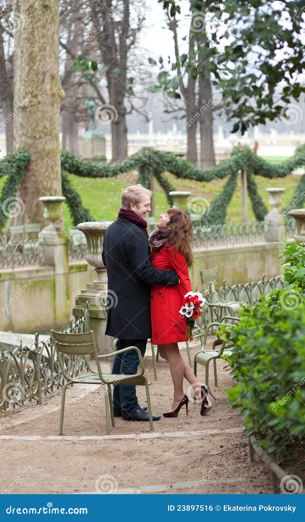 Romantic Couple in a Park at Spring Stock Photo - Image of happiness ...