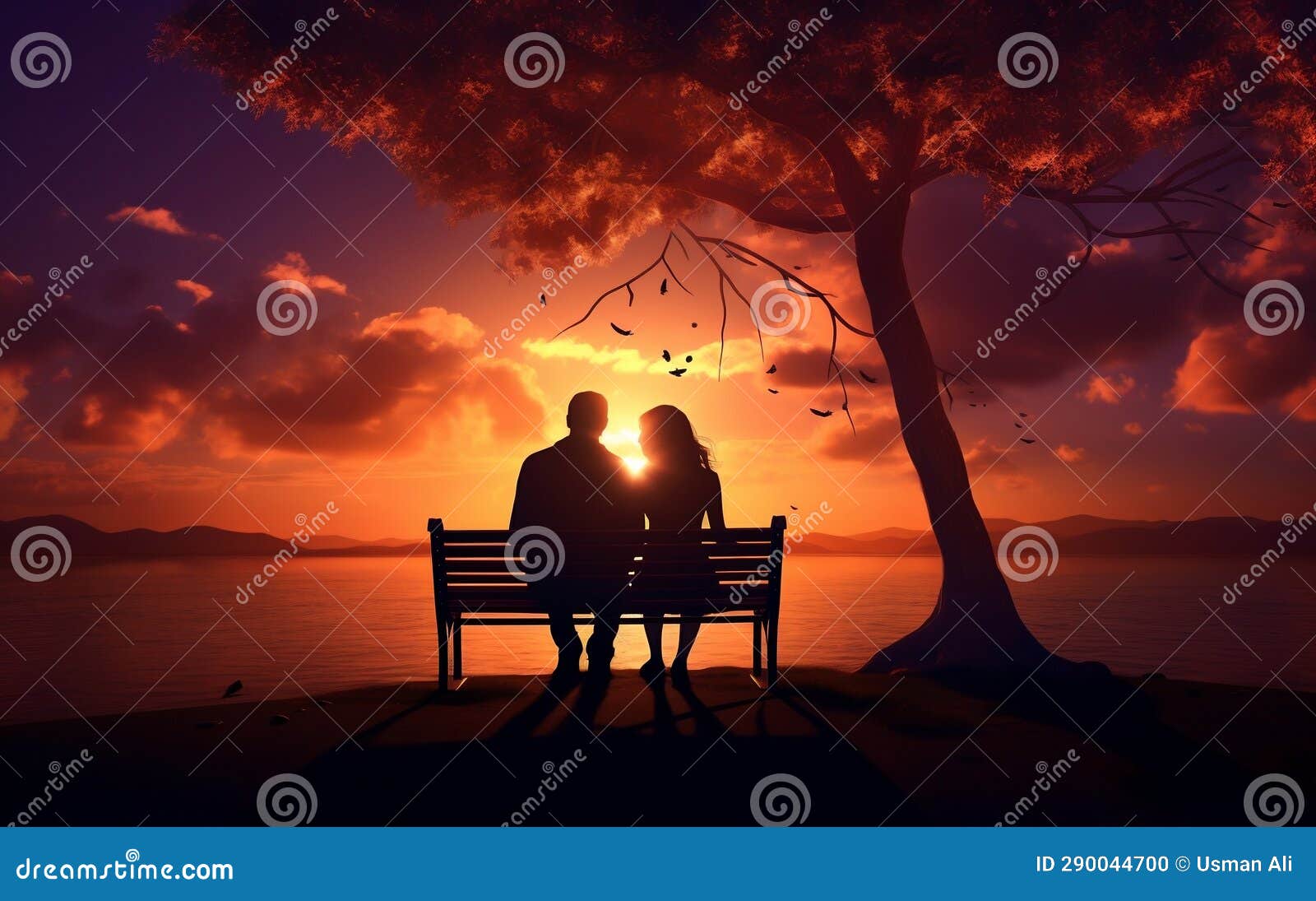 Romantic Couple Sitting on Bench at Sunset. AI Stock Photo - Image of ...