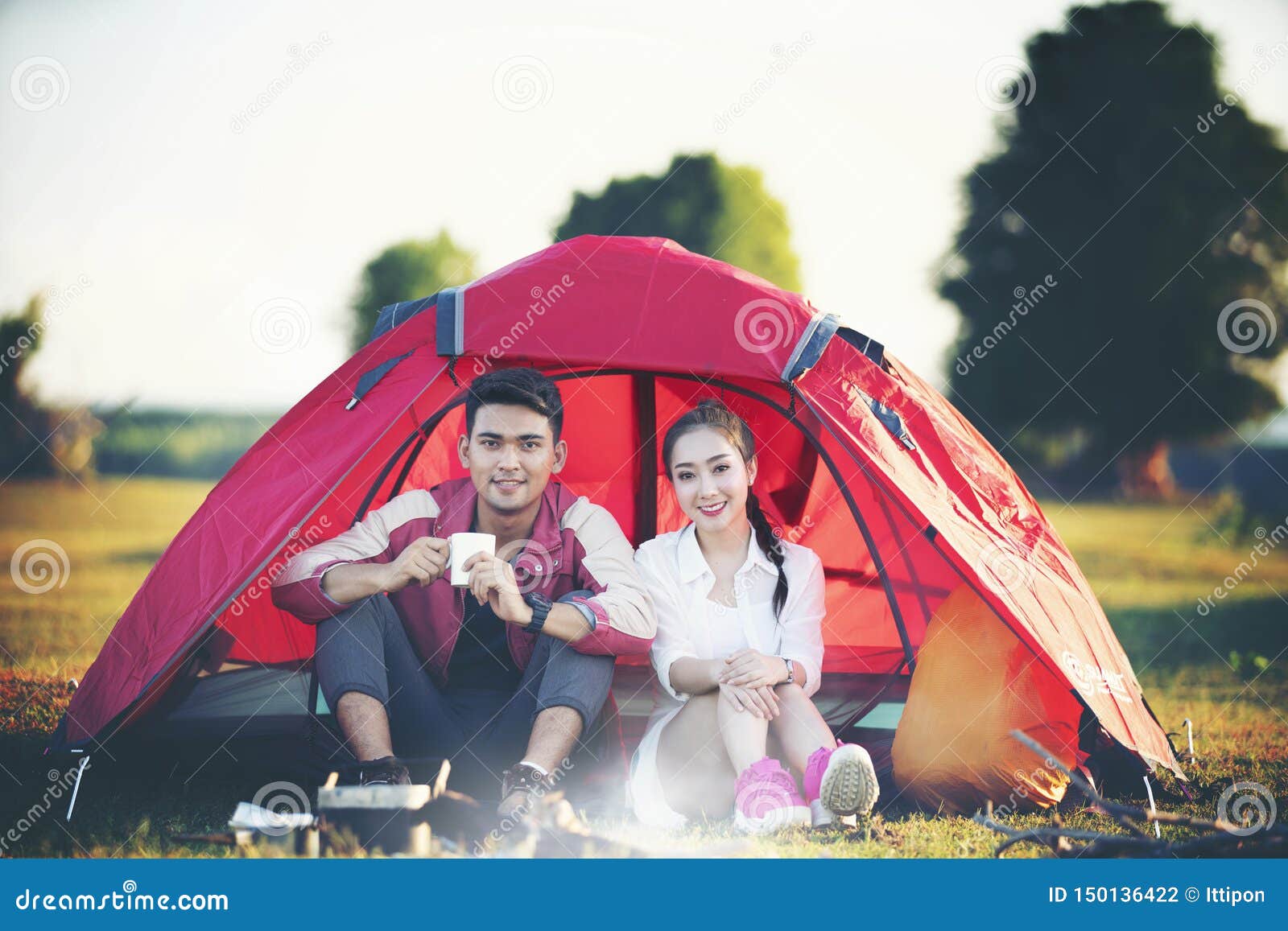 Romantic Couple in Tent at Camping Site Stock Photo - Image of cheerful ...
