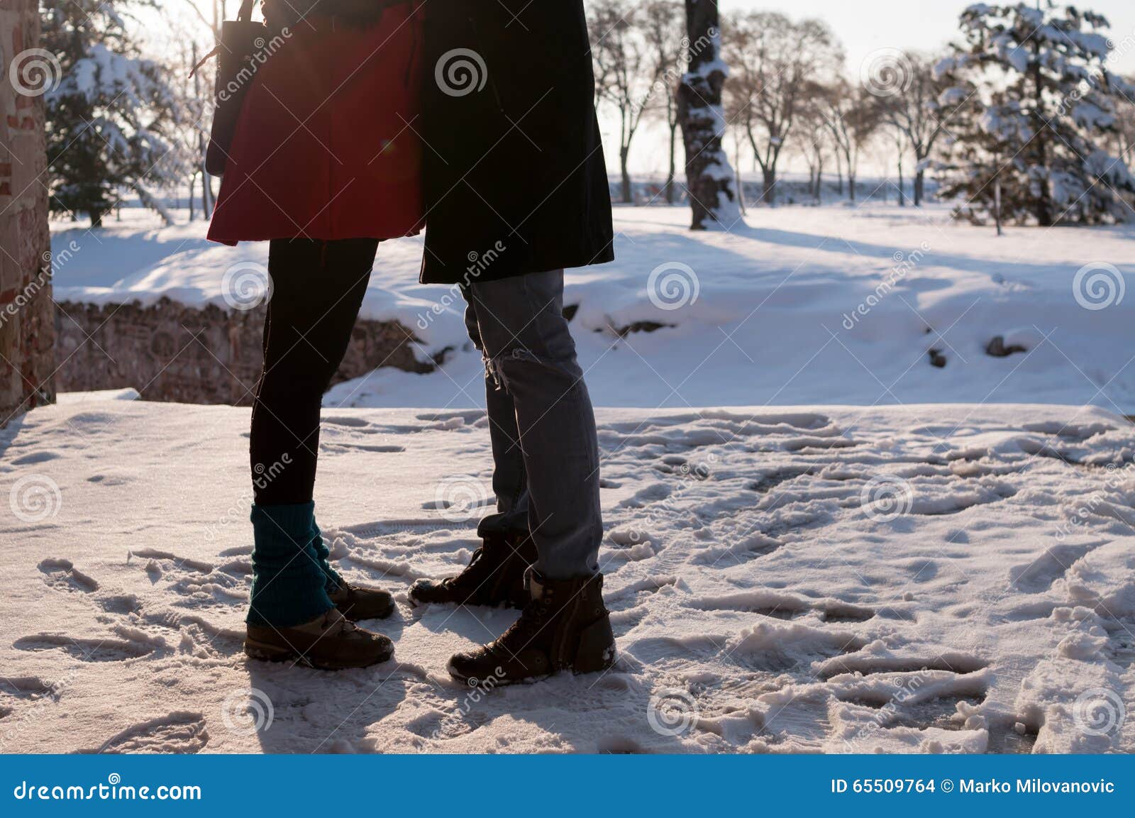 Romantic Couple Standing on Snow Stock Photo - Image of beautiful ...