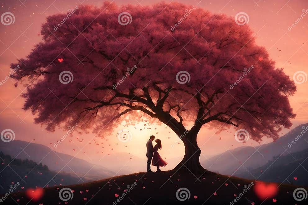 A Romantic Couple Under a Tree with Valentines Themes Stock Image ...