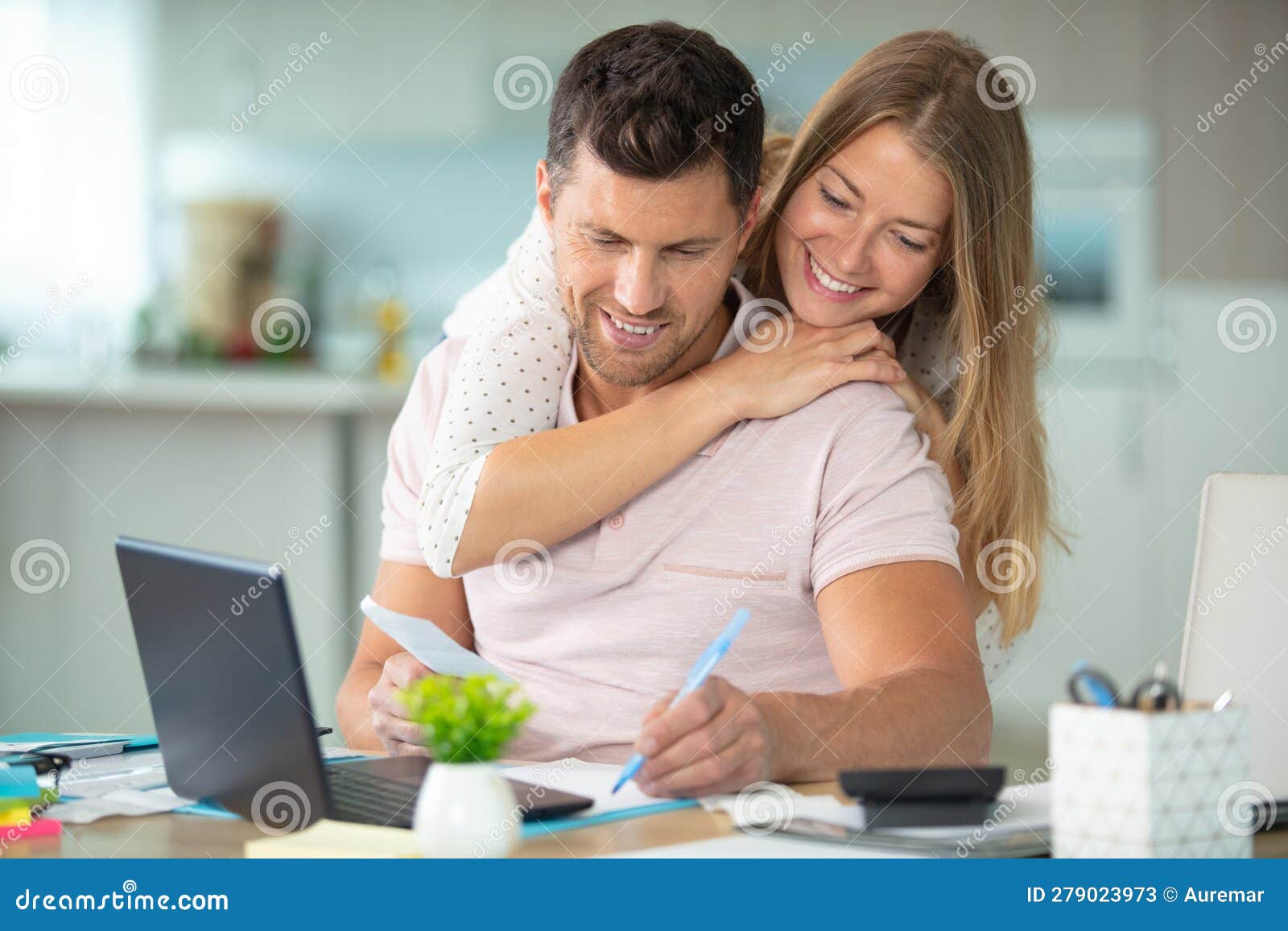 Romantic Couple Using Computer and Making Notes Stock Image - Image of ...