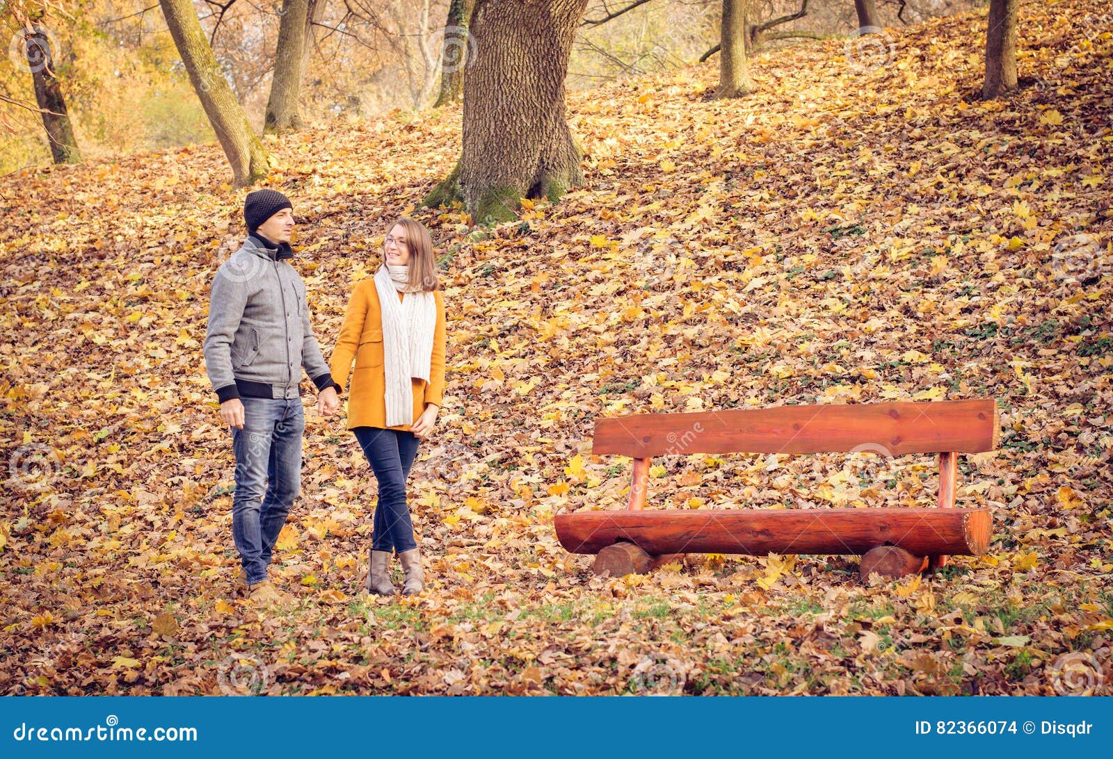 Romantic Couple Walking in Autumn Park Stock Photo - Image of cheerful ...