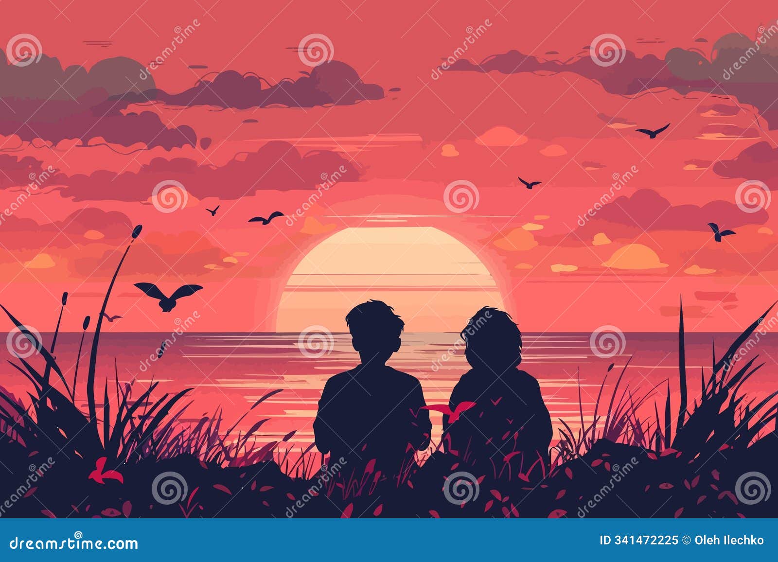 Romantic Couple Watching the Sunset Together Isolated Stock ...