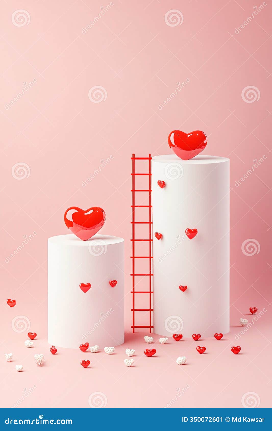 Romantic 3D Render: Red Hearts on Cylinders with High Quality Image ...