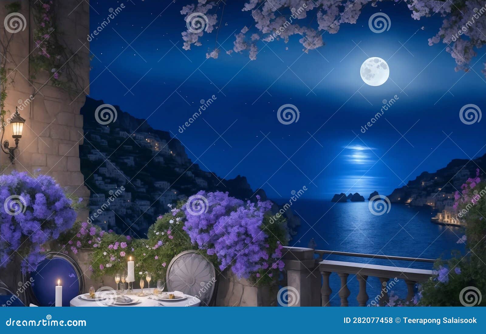 Romantic Date Place with Full Moon, Generative AI Illustration Stock ...