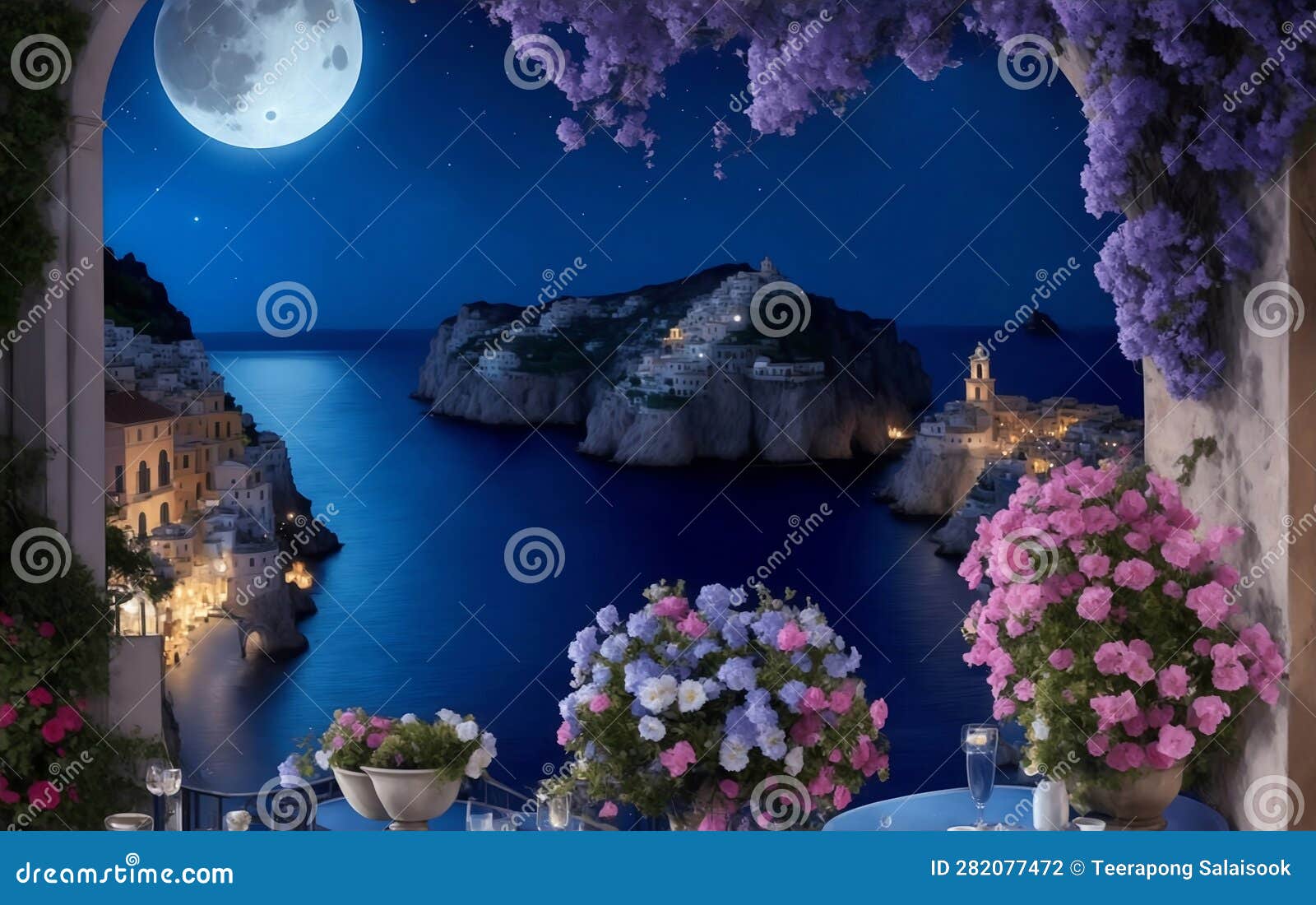 Romantic Date Place with Full Moon, Generative AI Illustration Stock ...