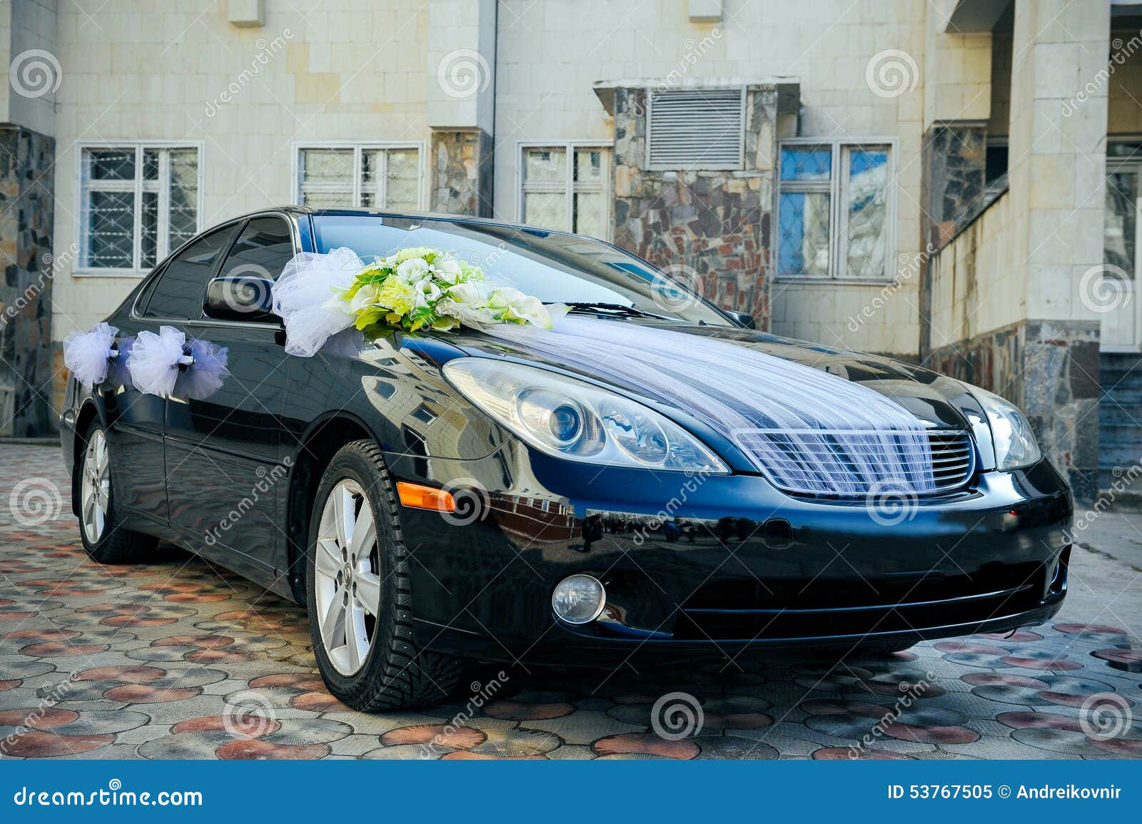 Romantic Decoration Flower on Wedding Car in Black Stock Image - Image ...