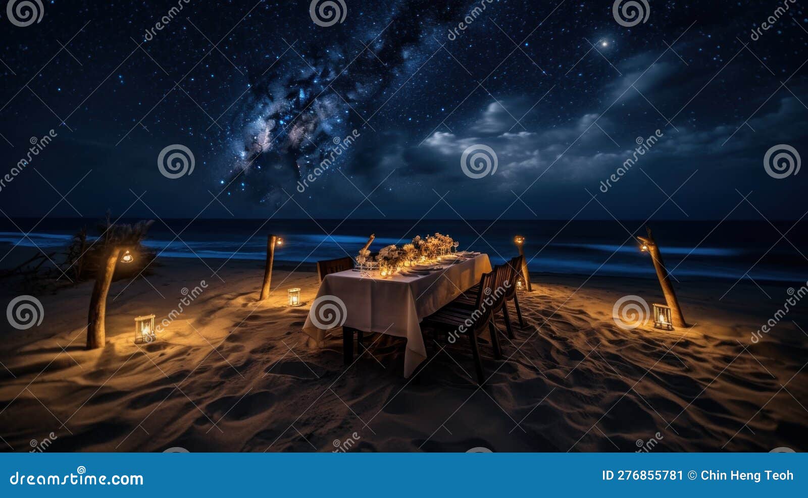 Romantic Dinner on the Beach at Night. Starry Sky Stock Illustration ...