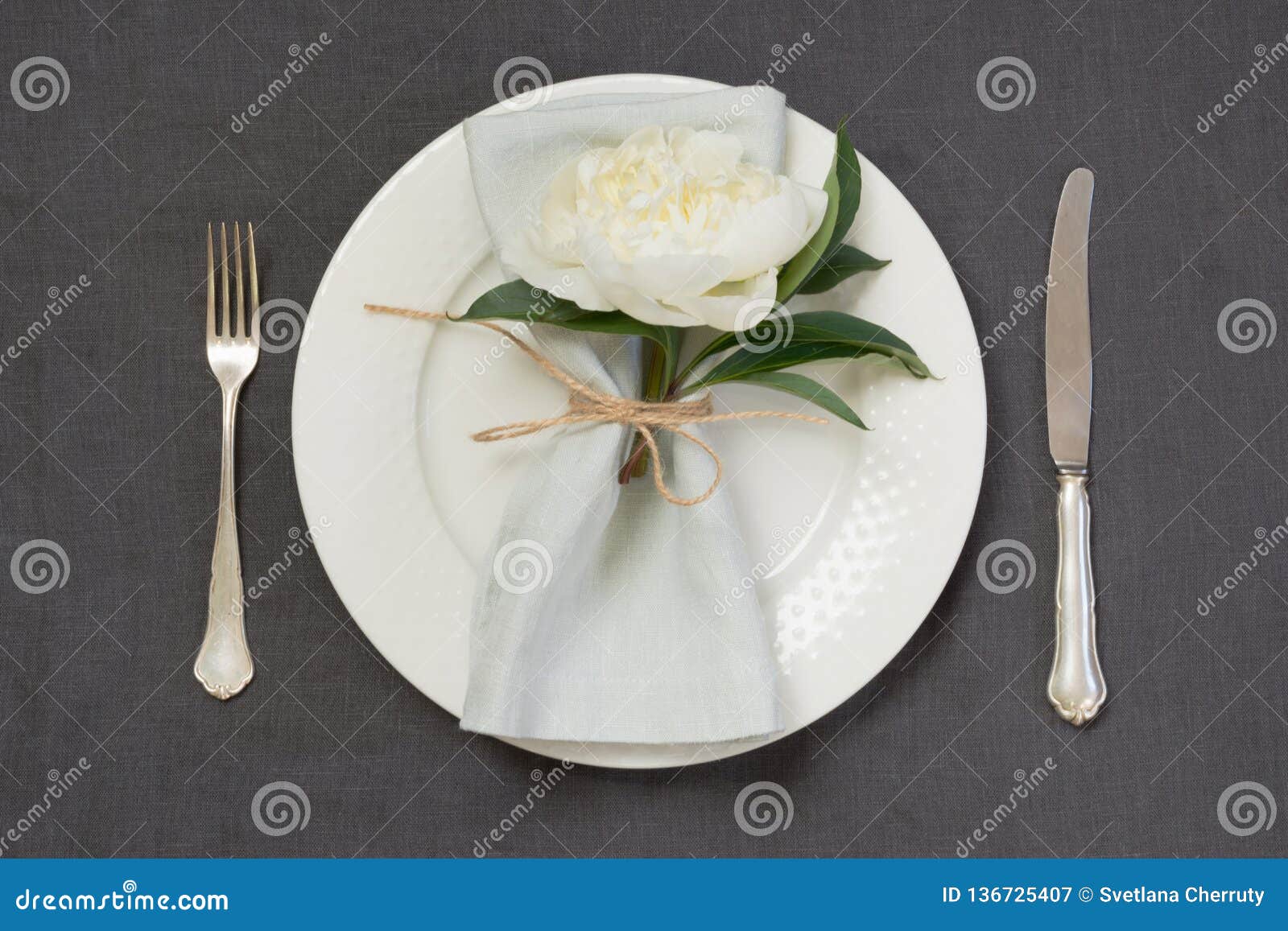 Romantic Dinner. Elegance Table Setting with White Peony on Linen ...