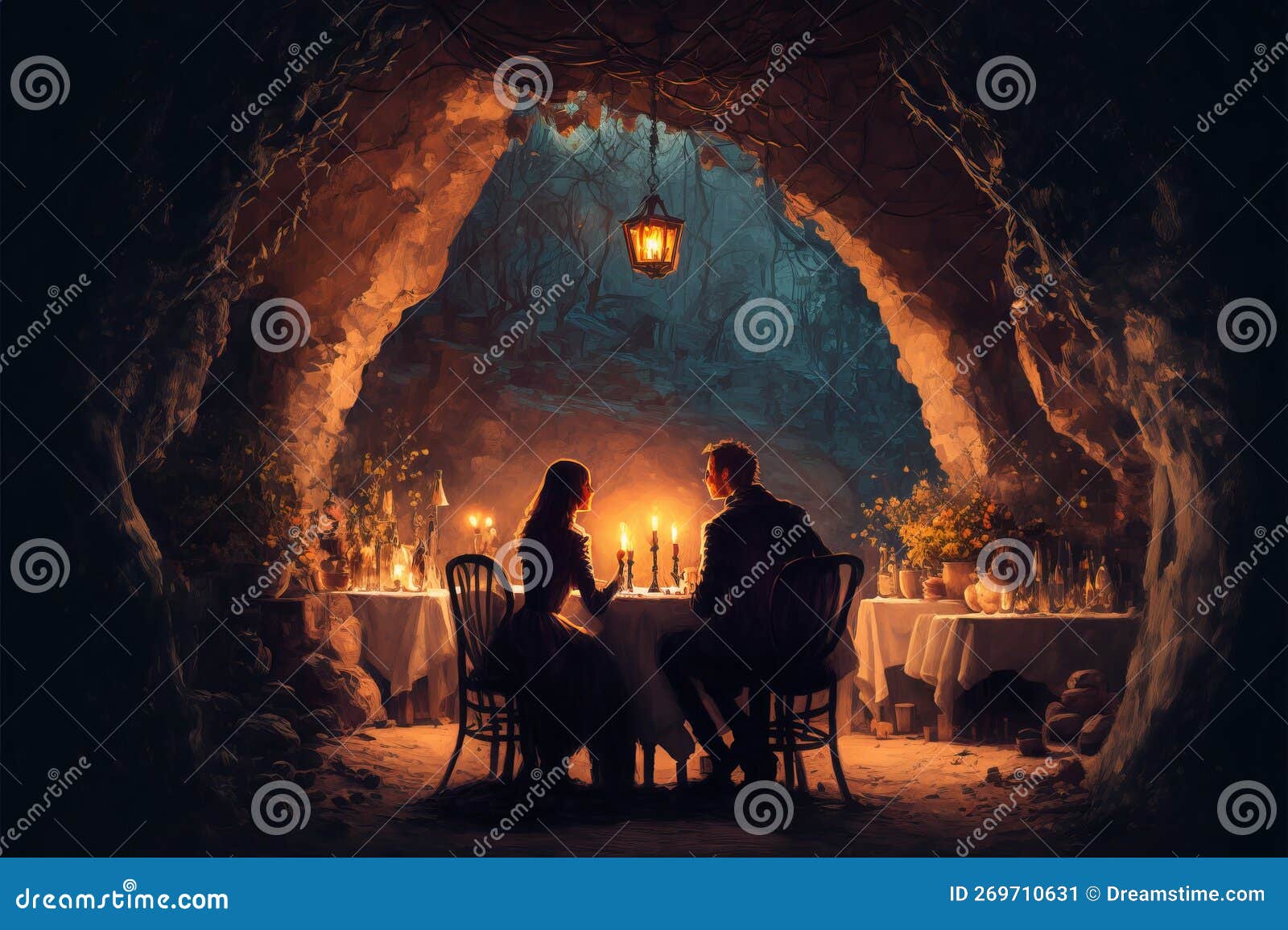 Romantic Dinner In A Hidden Underground Cavern (Generative AI) Royalty ...