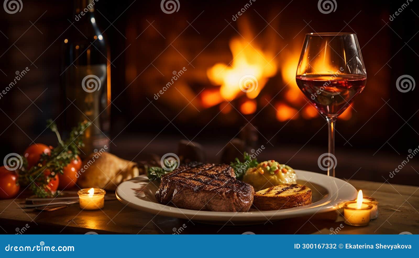 Romantic Dinner Meat Steak with a Glass of Wine on the Background Stock ...