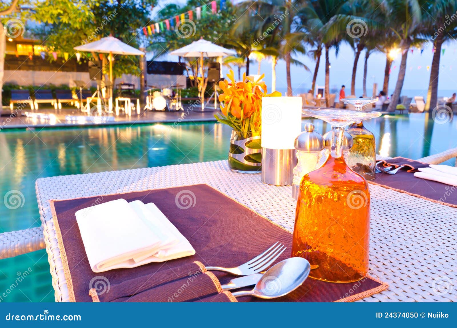 Romantic Dinner Set Up Table Near Pool Stock Photo - Image of romance ...