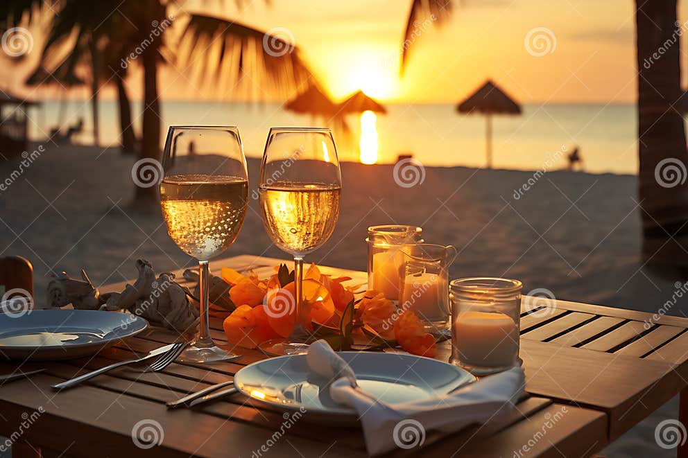 Romantic Dinner Setting on the Beach at Sunset. Romantic Dinner on the ...