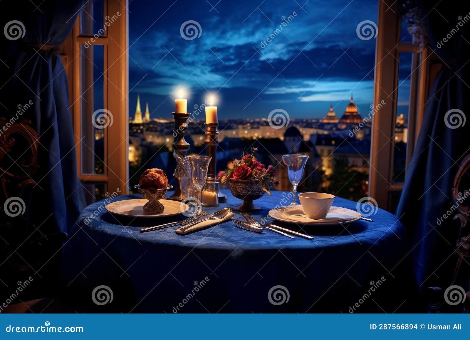 Romantic Dinner Setting Night View and Intimate Ambience. AI Stock ...