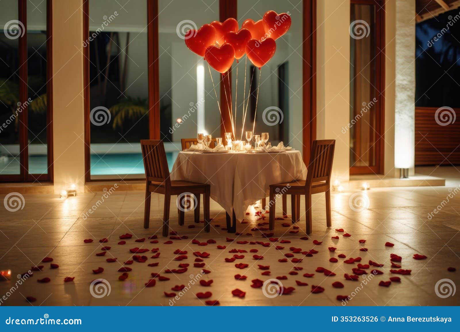 Romantic Dinner Setup with Heart Balloons and Rose Petals by the Pool ...