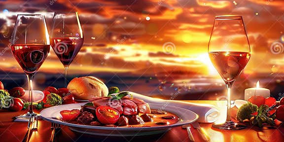 Romantic Dinner with Sunset View and Wine Stock Illustration ...