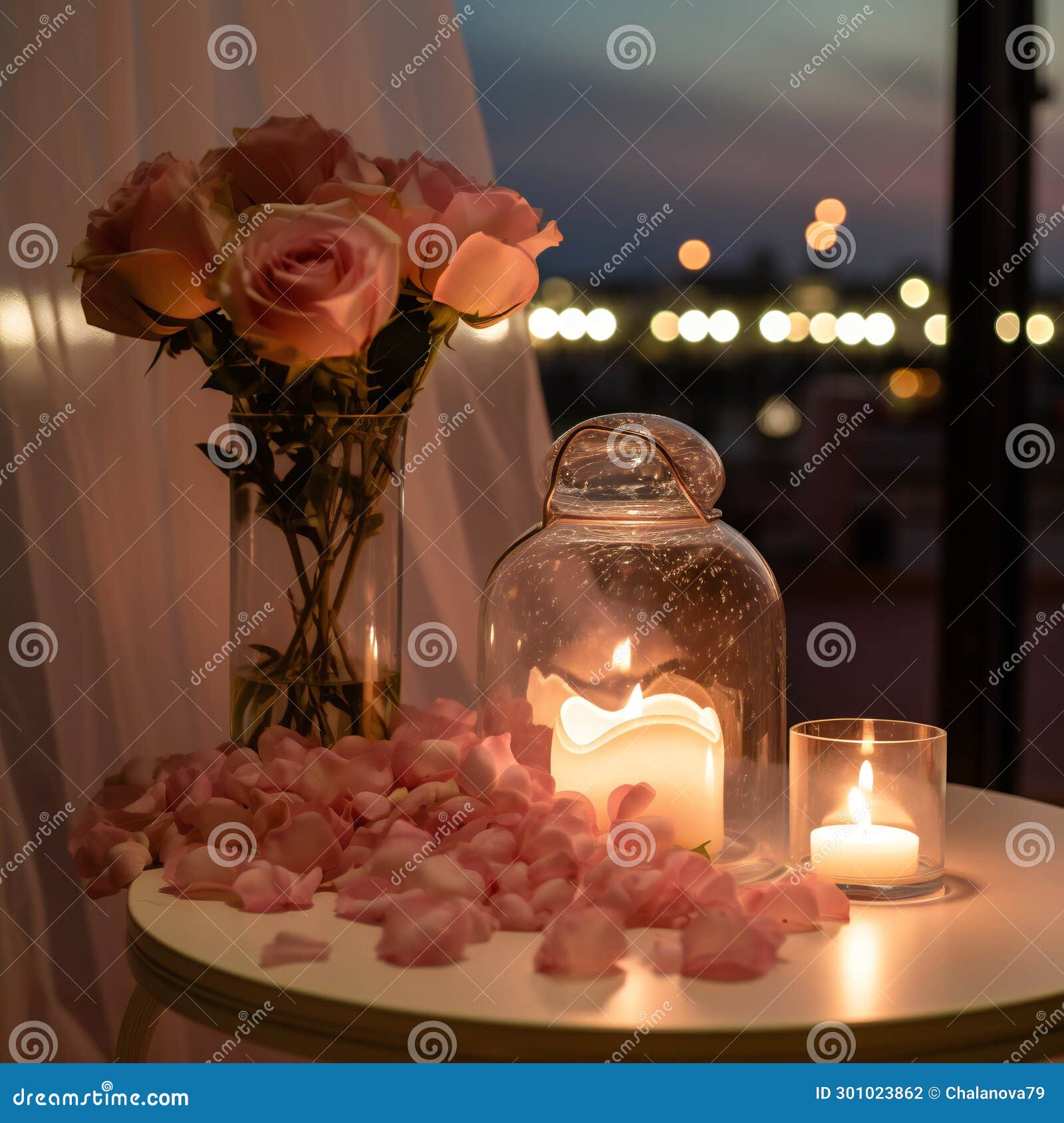 Romantic Dinner Table Setting with Burning Candles and Festive Lights ...