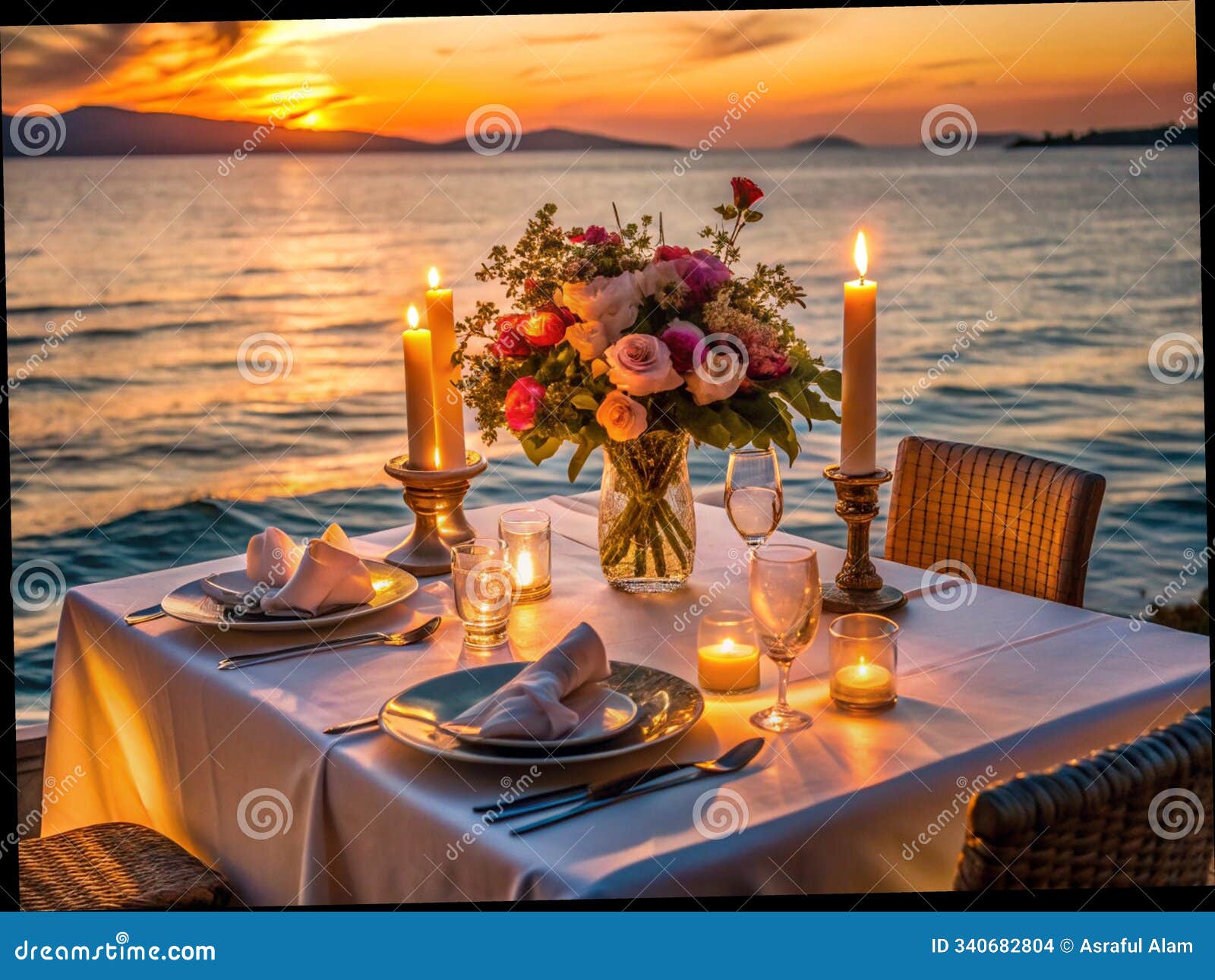 A Romantic Dinner Table Setup with Candles and Flowers by the Sea Stock ...
