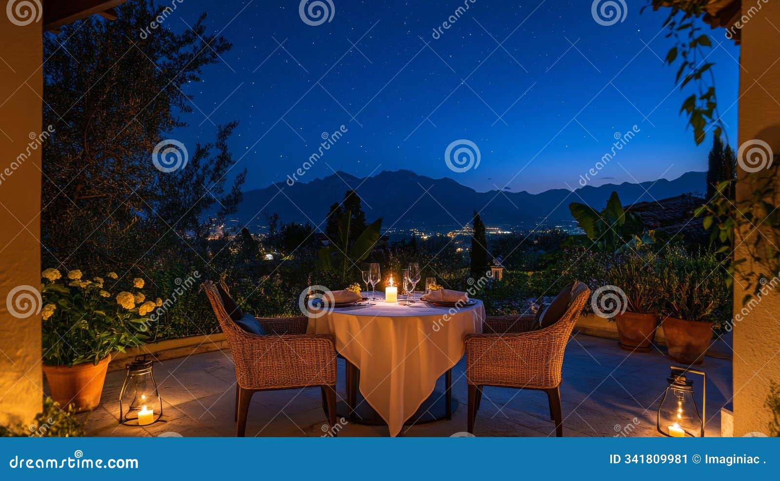 Romantic Dinner Table Under a Starry Night Sky with Mountain View Stock ...